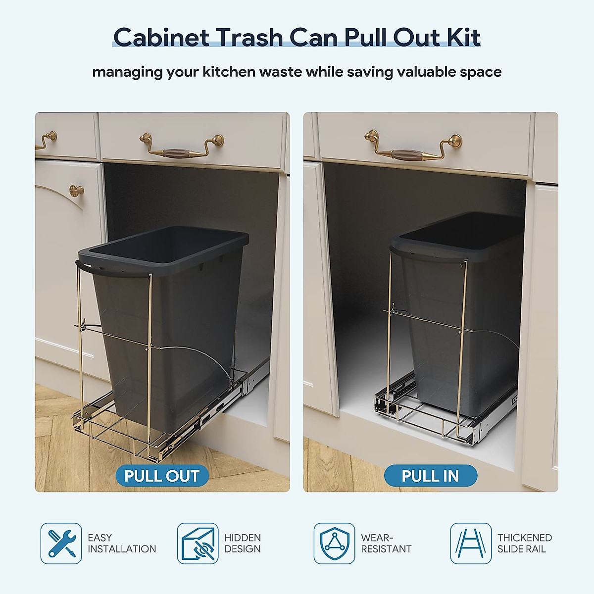Tanamu Pull Out Trash Can Under Cabinet，Under Sink Slide Out Garbage for Kitchen，Requires 13" W X 18" D Minimum Cabinets，Chrome Adjustable for 7-10 Gallon Trash Can