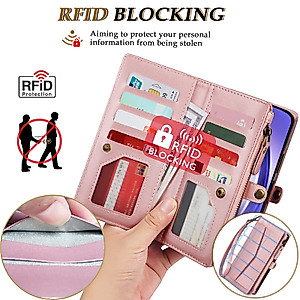 DKDKSIP for iPhone 15 Wallet Case for Women, Support Wireless Charging with RFID Blocking Card Holder, PU Leather Zipper Wallet Detachable Magnetic Phone Case with Crossbody Strap, Pink