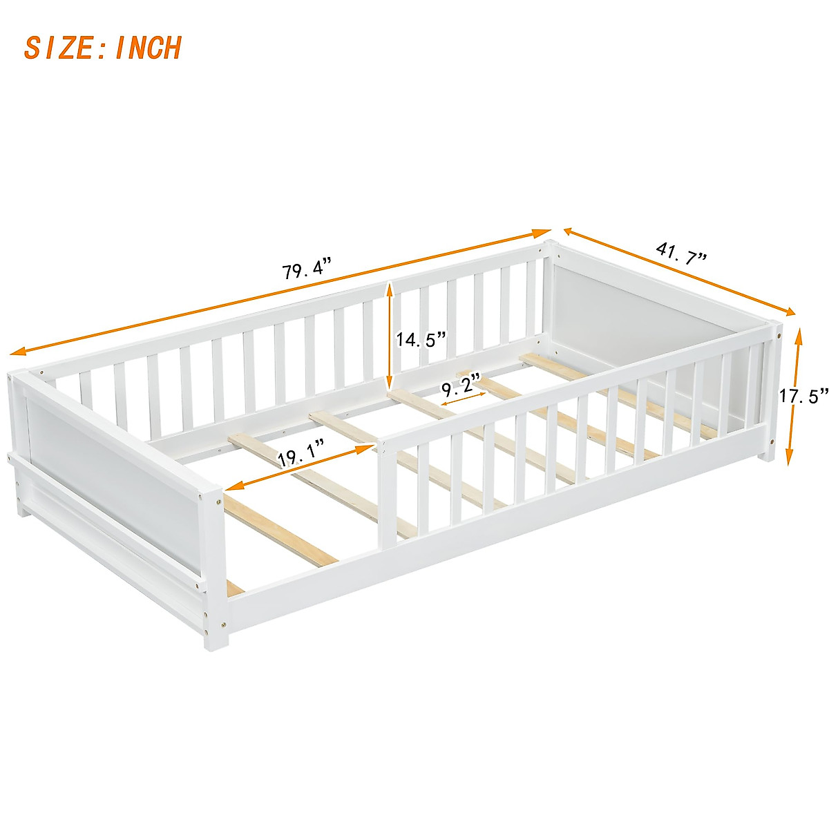 LostCat Twin Size Floor Bed Frame with Fence and Magazine Rack, Wood Montessori Floor Bed with Guardrails and Slat Support, Floor Bed Frame for Kids Girls Boys, White