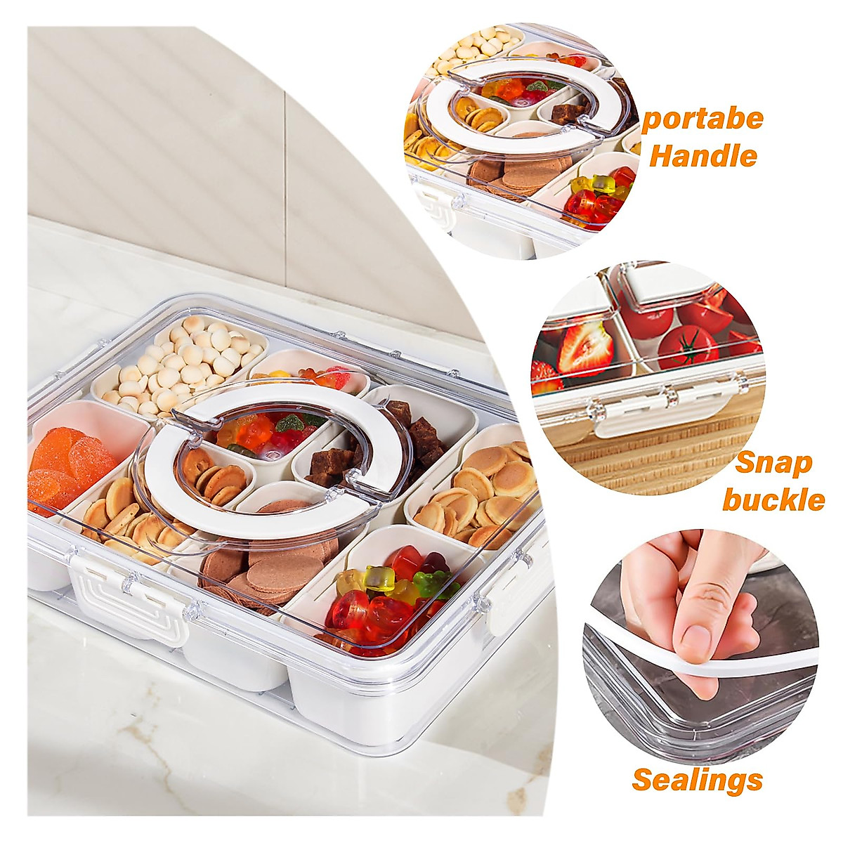 YFUIF Snackle Box Container - 8 Compartments Divided Serving Tray with Lid and Handle, BPA-Free Snack Box Organizer for Fruits, Candy, Snacks (1, White Small 8 Compartments)