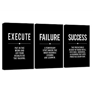 Framed Canvas Wall Art Success Quote, Office Wall Art, Black Large Poster, Positive Motivational Set of 3 Prints, Execute Failure Definition, Inspirational Print (A-3pcs,12x16inchx3pcs)