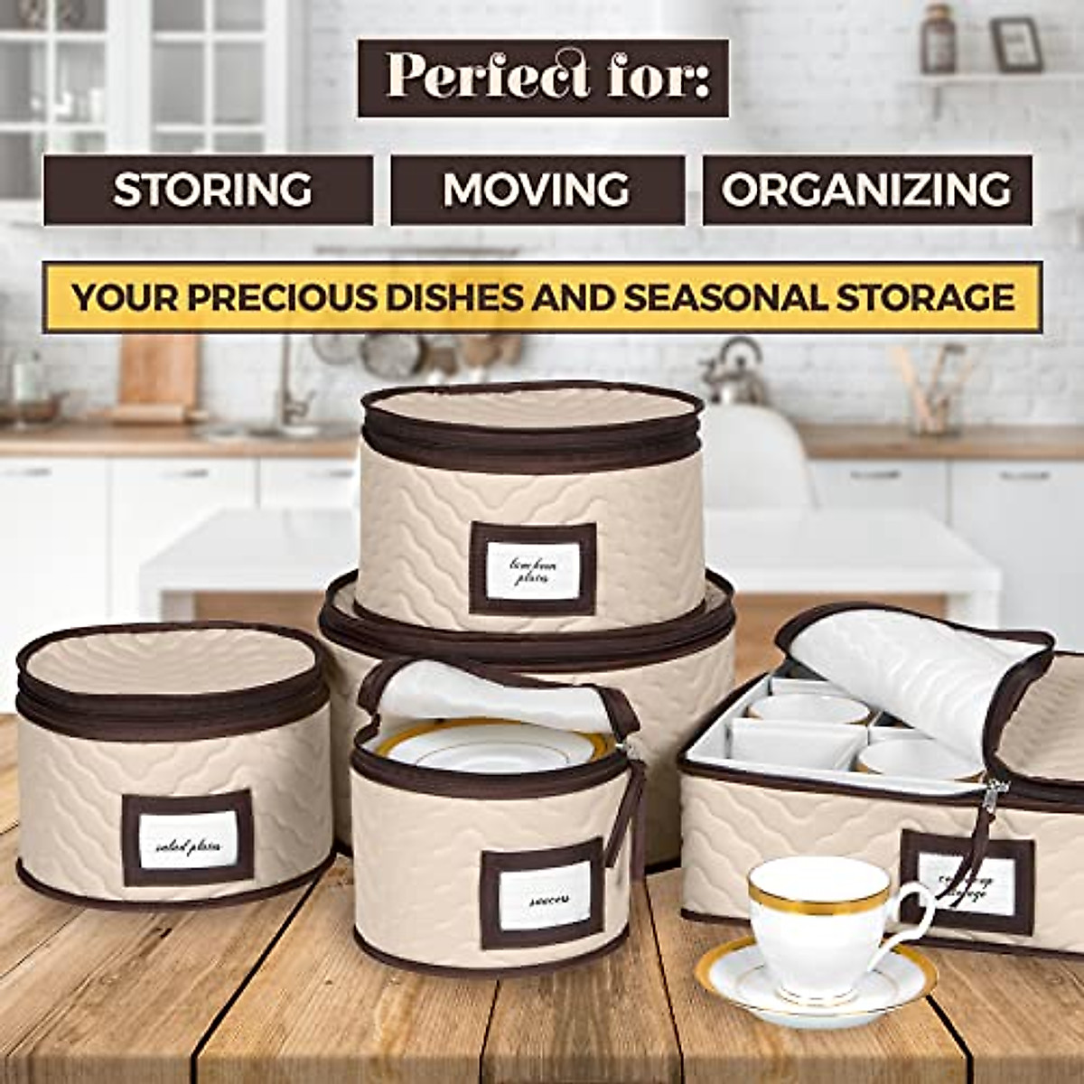 China Storage Containers 5-Piece Set Moving Boxes for Dinnerware, Glasses, Plates, Mugs and Saucers Sturdy Quilted Microfiber Dish Organizer with Dividers for Seasonal Storage - Service for 12