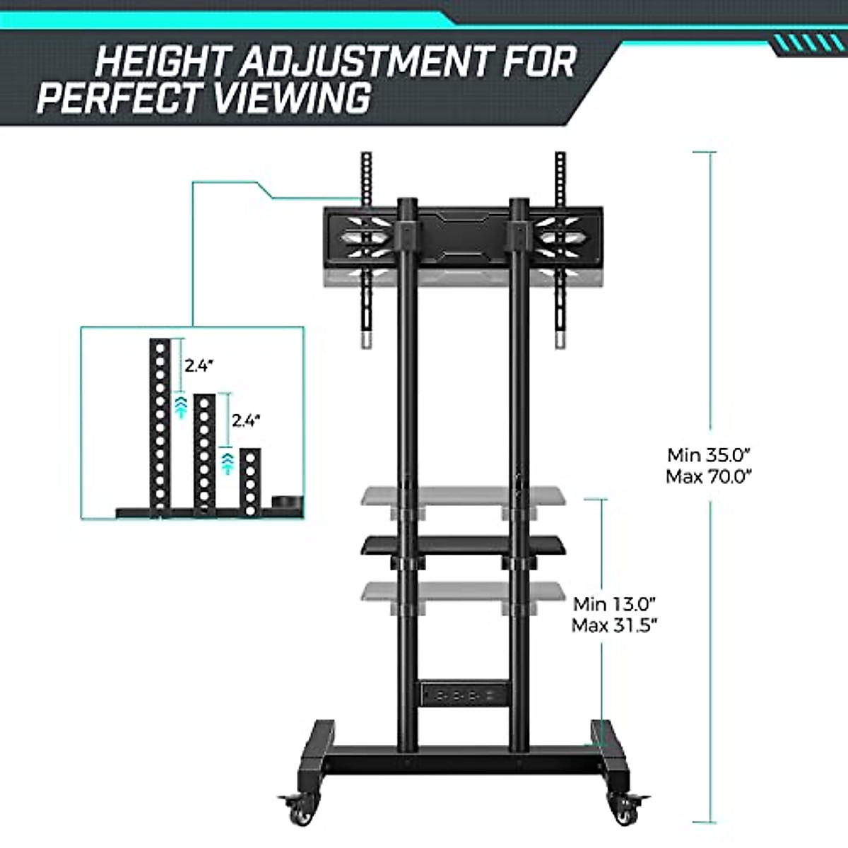Greenstell TV Stand with Power Outlet, Mobile TV Cart on Wheels for 32-85 inch LED LCD Flat Curved Panel Screens TVs up to 132lbs, Height Adjustable Rolling TV Stand with AV Shelf, Max VESA 600x400mm