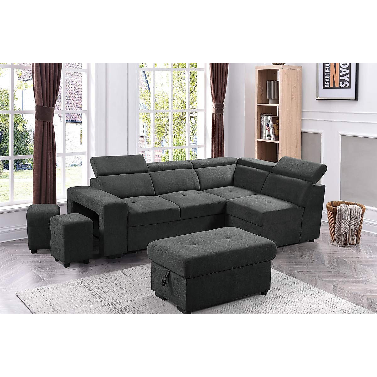 Lilola Home Henrik Dark Gray Sleeper Sectional Sofa with Storage Ottoman and 2 Stools