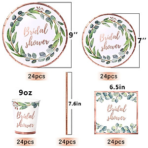 168Pcs Green and Rose Gold Party Decoration, Bridal Shower Plates and Napkins Sets, Bridal Shower Plates Party Supplies, Rose Gold Plates for Wedding Festivities, Serves 24