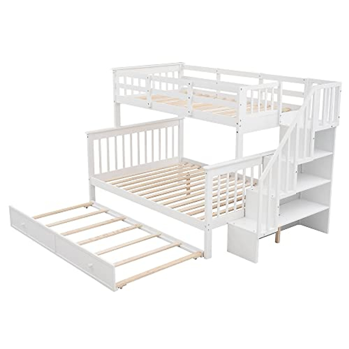 BIADNBZ Stairway Twin Over Full Bunk Bed with Trundle,Guardrail for Bedroom/Dorm/Adults, White