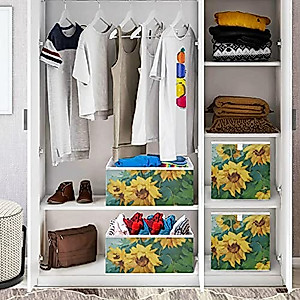 visesunny Closet Baskets Oli Painting Sunflower with Green Leaf Storage Bins Fabric Baskets for Organizing Shelves Foldable Storage Cube Bins for Clothes, Toys, Baby Toiletry, Office Supply