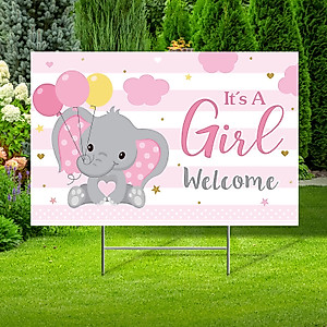 Baby Shower Yard Sign with Stake Gender Reveal Yard Sign Blue Pink Elephant Lawn Sign Baby Bear Lawn Sign Welcome Baby Announcement Sign for Boy Girl Outdoor Baby Shower Party Decorations(It's Girl)