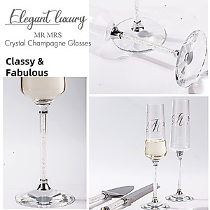 VARLKA Wedding Cake Knife and Server Set, Champagne Flutes Engraved Mr and Mrs for Wedding, Bride and Groom Toasting Flutes, Engagement Gift Wedding Reception Supplies (Clear Diamonds)