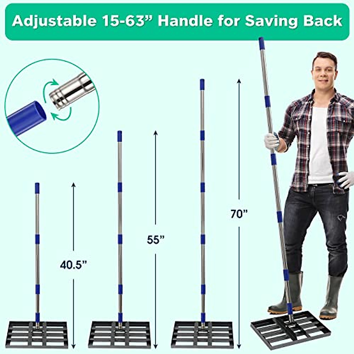 Lawn Leveling Rake, 17"x10" Small Lawn Leveling Rake with 5FT Adjustable Steel Handle,Heavy Duty Lawn Level Tool for Yard Garden Golf Leveling,Topsoil Sand Leveling Spreading,Top Dressing Lawn Leveler