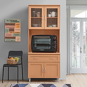HODEDAH IMPORT Tall Standing Kitchen Cabinet with Top and Bottom Enclosed Cabinet Space, 1-Drawer, Large Open Space for Microwave in Beech