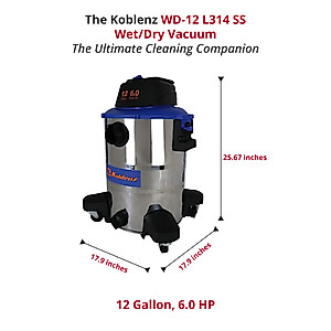 Koblenz WD-12 L314 SS Wet-Dry Vacuum, 12 Gallon Stainless 6.0HP, 1 7/8 x 7 Ft EVA Hose, Stainless+Blue 5 Year Warranty