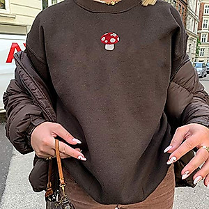 Women Long Sleeve Mushroom Embroidery Casual Oversized Crewneck Pullover Sweatshirt Tops Brown