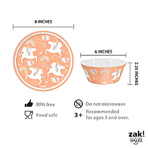 zak! Unicorn - 5-Piece Dinnerware Set - Durable Plastic & Stainless Steel - Includes Water Bottle, 8-Inch Plate, 6-Inch Bowl, Fork & Spoon - Suitable for Kids Ages 3+