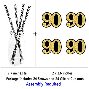 90th Birthday Straw Decor Paper, Set of 24 Gold Glitter Cut-Out Numbers Cheers 90 Years Happy Birthday Anniversary Party Supplies Drinking Decoration