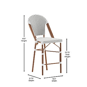 EMMA + OLIVER Colmar Bistro Counter Stool - Stacking Indoor/Outdoor PE Rattan Bar Stool with Bamboo Finish Frame - 26" High - Set of Two - Gray/White
