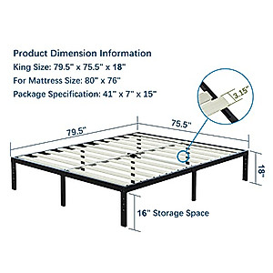 ONEMO King Size Bed Frame 18 Inch Height 3000lbs Heavy Duty Metal Pipe Platform Solid Wood Slats No Box Spring Needed Easy to Assemble Noise Free-Black