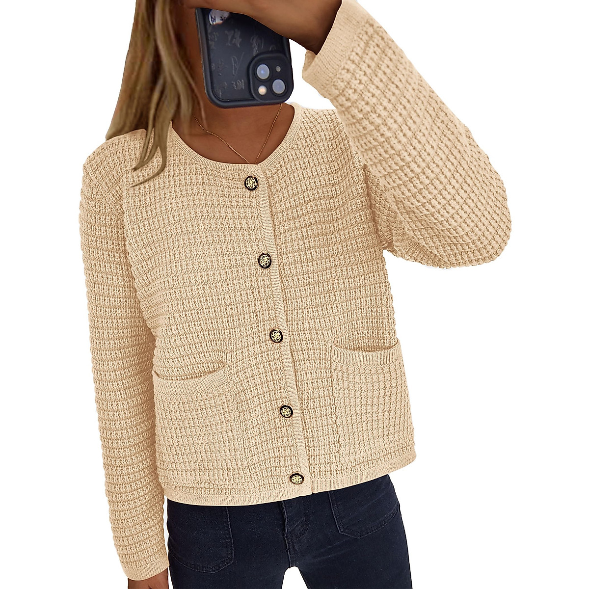 PRETTYGARDEN Women's Knit Cardigan Sweaters Fall Fashion Long Sleeve Open Front Button Down Trendy Casual Sweater Jacket (Beige, Large)