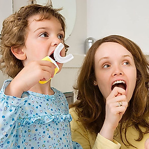 Kids Electric Toothbrush, U Shaped Ultrasonic Automatic Tooth Brush,Toothbrush with 2 Brush Heads,Six Cleaning Modes,IPX7 Waterproof,Cartoon Modeling Design for Toddler Children, Age 2-7 Yellow