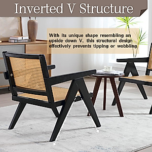 ABET Cane Accent Chairs Set of 2, Wooden Comfy Rattan Living Room Chairs with Woven Backrest & Seat, Solid Leisure Armchair, Mid-century Boho Cane Lounge Chairs for Bedroom, Patio, Balcony, Black