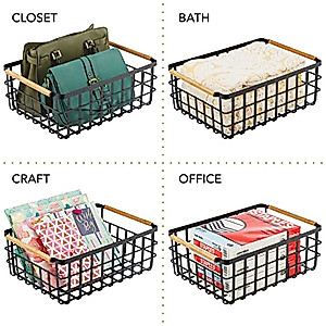 mDesign Metal Wire Storage Organizer Basket with Bamboo Wood Handles for Kitchen Pantry, Rustic Farmhouse Bin to Store Fruit, Coffee, Spices, Supplies, Yami Collection, 2 Pack, Matte Black/Natural/Tan