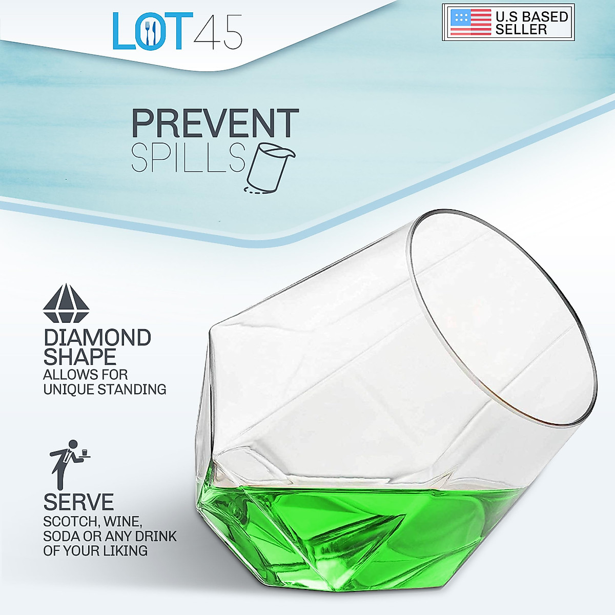 Lot45 Diamond Shaped Plastic Wine Glasses - 30pc 12oz Plastic Whiskey Glasses Stemless Wine Glass Bachelorette Glasses