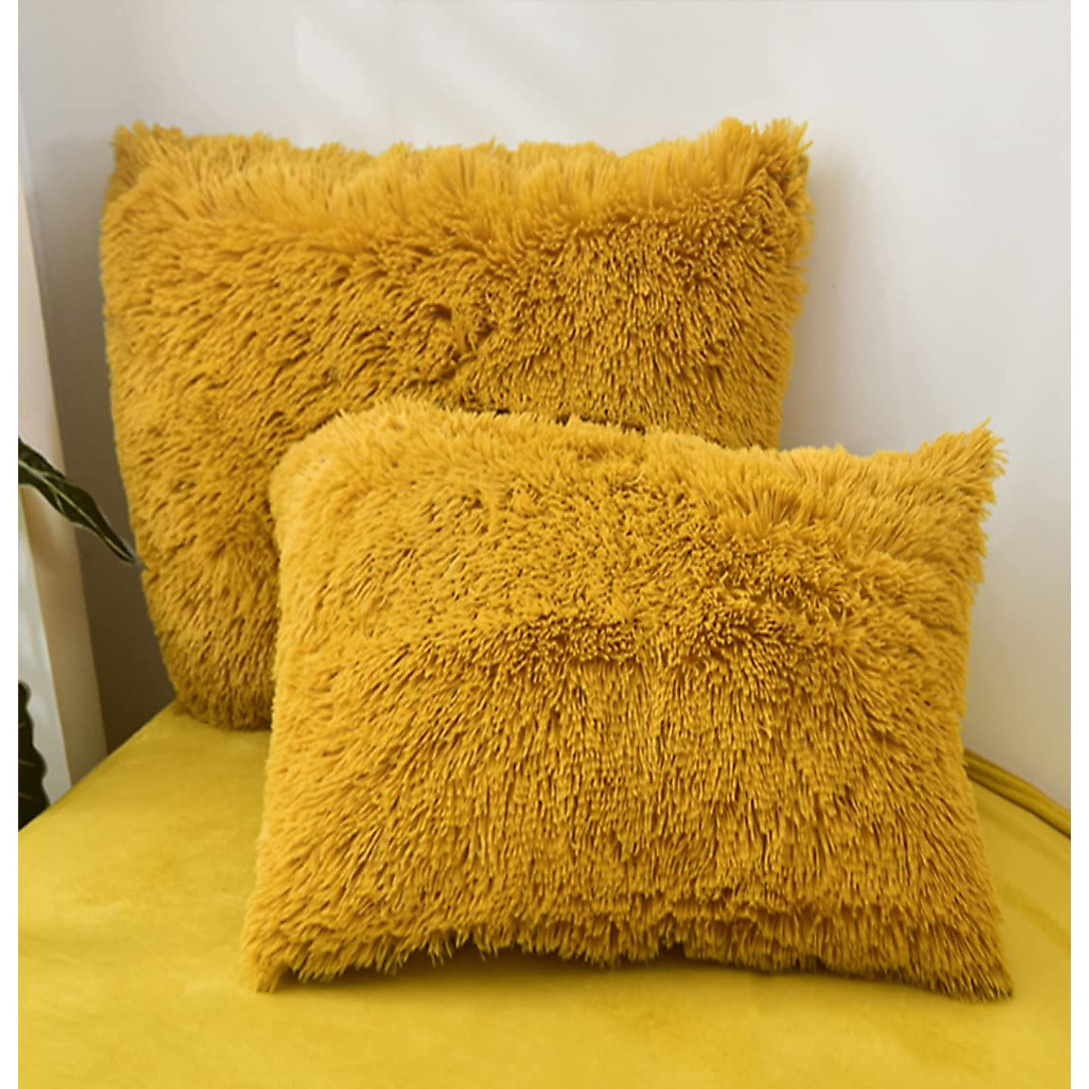 MorroMorn Shaggy Throw Pillow Covers, Luxury Long Faux Fur Decorative Pillows Shams, Square Pillow Cases Set, Pack of 2 Cushion Cover for Bed Couch Soft Fluffy Shaggy Room Decor (Mustard Yellow)