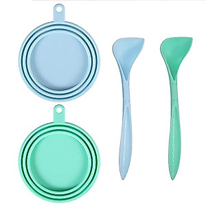 SLSON 2 Pack Pet Food Can Cover Universal Silicone Cat Dog Food Can Lids 1 Fit 3 Standard Size Can Tops with 2 Spoons,Light Blue and Green