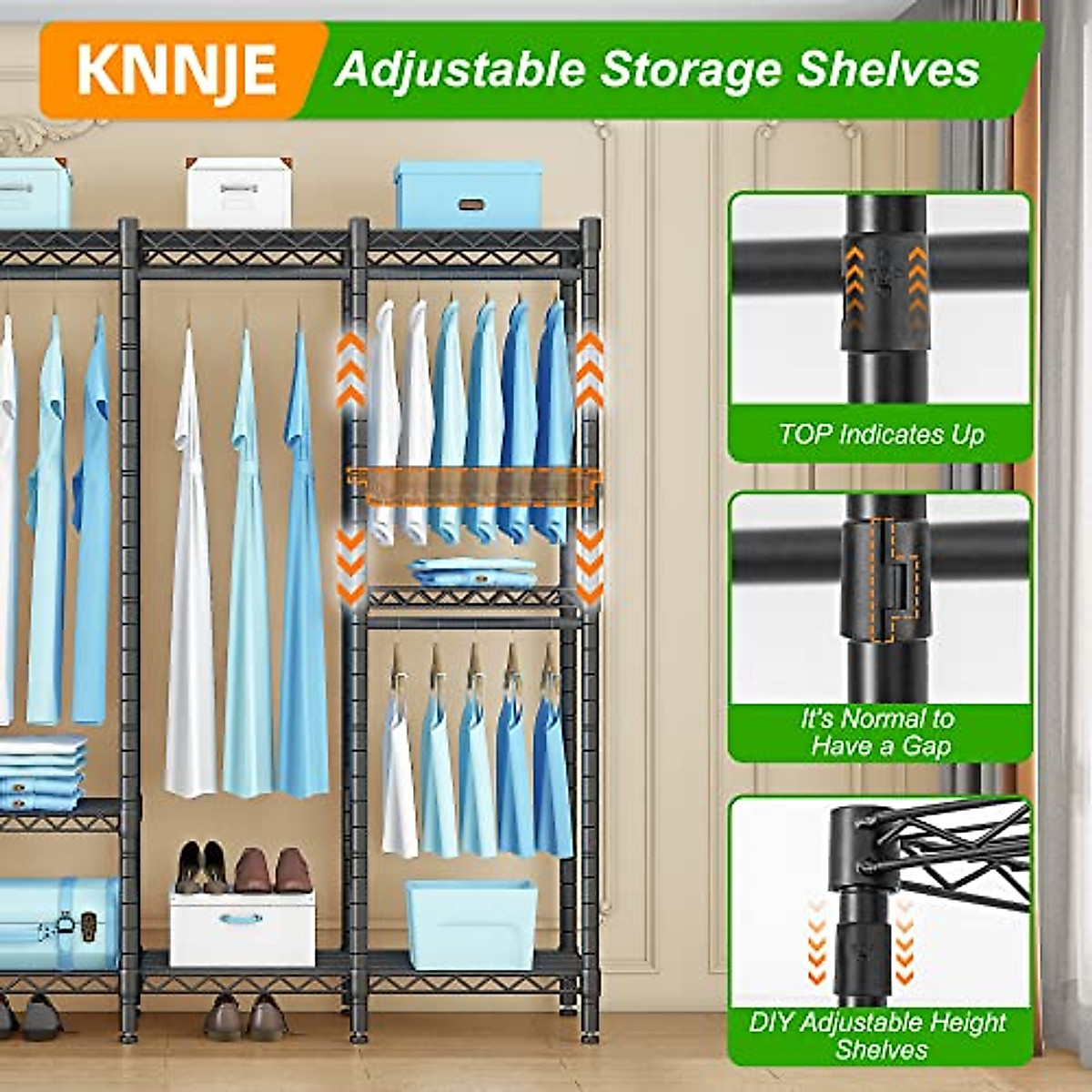KnnJe S60 Freestanding Clothing Garment Rack Heavy Duty Clothes Rack for Hanging Clothes, Can be Assembled into L Shape Wardrobe Closet Organizer, 76" L x 15.8" W x 75.6" H, 1000lbs Max Load, Black