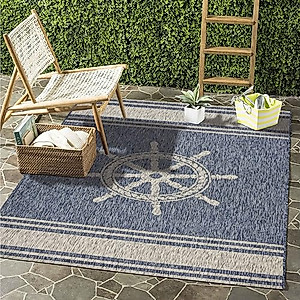 LR Home Captiva 8 x 10 Indoor/Outdoor Area Rug for Home Decor | Nautical Anchor large size carpet for living room, bedroom, playroom, patio, garden | Modern farmhouse rug | Blue/Gray