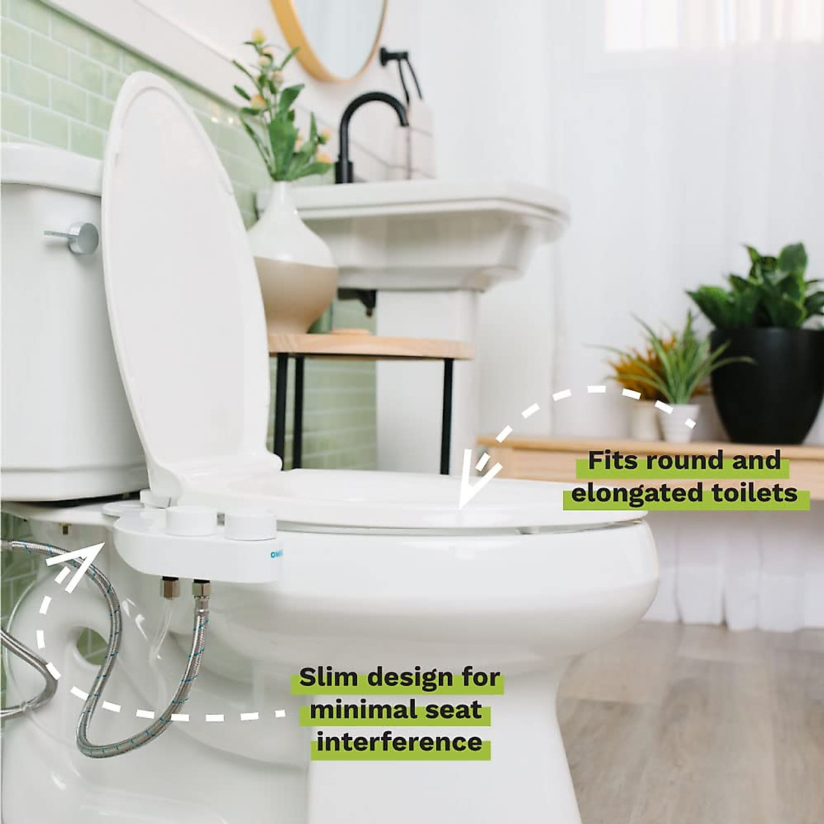 Omigo Element Bidet Attachment Non-Electric Thin Modern Design, Dedicated Rear and Front Self-Cleaning Nozzles with Pressure Control Dial (Dual Temp, White)