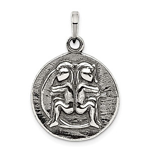 Solid 925 Sterling Silver Polished Antique Finish Gemini Horoscope Pendant (23mm Height x 19mm Width)
