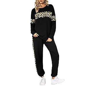 Two Piece Outfits for Women Jogging Suit Leopard Sweatpants Sets Black XXL