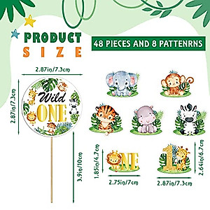 Weecent 48 PCS Wild One Cupcake Toppers Baby 1st Birthday Decorations Jungle Safari Theme Cake Toppers For Baby Boy Girls Safari Animal Party Supplies