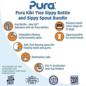 Pura Kiki 11 oz / 325ml Stainless Steel Sippy Cup Bundle w/ 2 Pack of Silicone XL Sipper Spouts & Sleeve, Aqua (Plastic Free, NonToxic Certified, BPA Free)