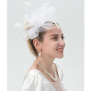 Myjoyday Women's Fascinators Hat for Tea Party Church Cocktail, Feathers Veil Headband with Hair Clip (White)