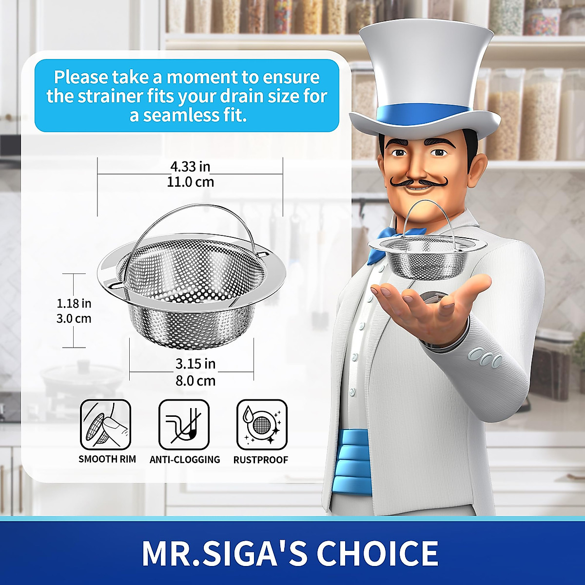 MR.SIGA Kitchen Sink Strainer, Stainless Steel Sink Drain Strainer, Dishwasher Safe, 2 Pack