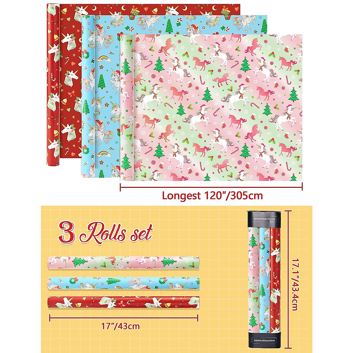 WERNNSAI Christmas Wrapping Paper - 3 Rolls 17” x 120” Christmas Unicorn Wrapping Paper Rolls Christmas Gift Wrap Paper Girls Birthday Wrapping Paper Holiday Wrapping Paper Unicorn Gift Wrap Paper