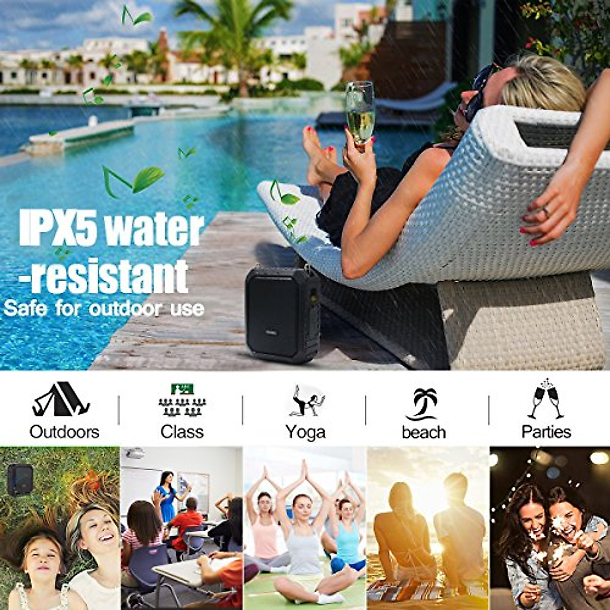 Bluetooth Voice Amplifier Wireless Mic, Waterproof Wireless Microphone and Speaker Set, 18W Personal Mic Headset for Speaking, Rechargeable Megaphone Portable Pa System for Teachers Black