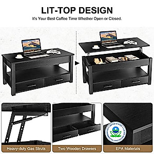 FABATO 41.7'' Lift Top Coffee Table with 2 Storage Drawer Hidden Compartment Open Storage Shelf for Living Room Folding Wood End Table (Black)