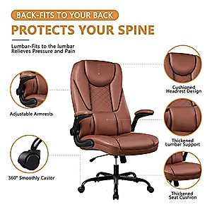 Guessky Office Chair, Executive Office Chair Big and Tall Office Chair Ergonomic Leather Chair with Adjustable Flip-Up Arms High Back Home Office Desk Chairs Computer Chair with Lumbar Support (Brown)