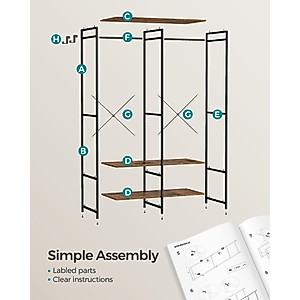 SONGMICS Clothes Rack, Iron and Wood Wardrobe Closet Organizer, Heavy Duty Garment Rack with Hanging Rods, Closet Shelves, Removable Hooks, 15.7 x 37.2 x 70.9 Inches, Rustic Brown URGR004B01