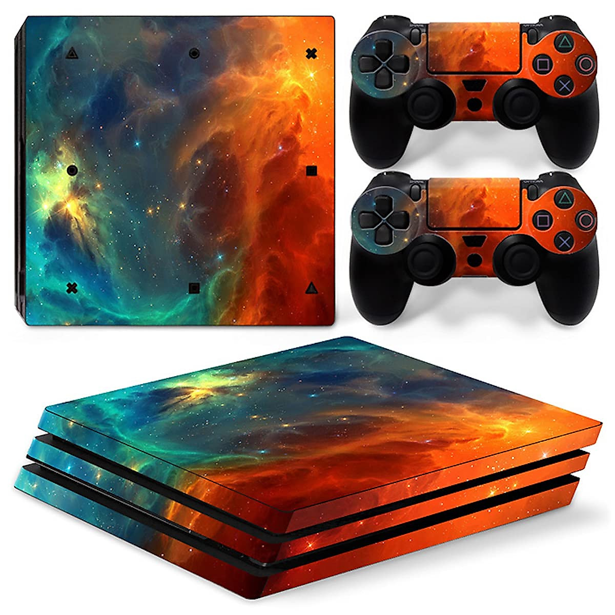 DOMILINA Vinyl Skin Decal Sticker Cover Set for PS4 PRO Console and 2 Controllers - Orange Starry Sky