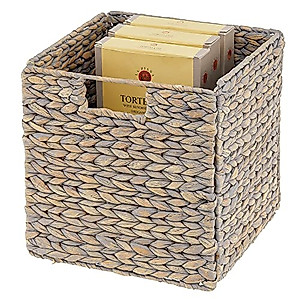 mDesign Natural Woven Hyacinth Cube Storage Bin Basket Organizer with Handles for Kitchen Pantry, Cabinet, Cupboard, Shelf/Cubby Organization, Hold Food, Drinks, Snacks, Appliances, 4 Pack, Gray Wash