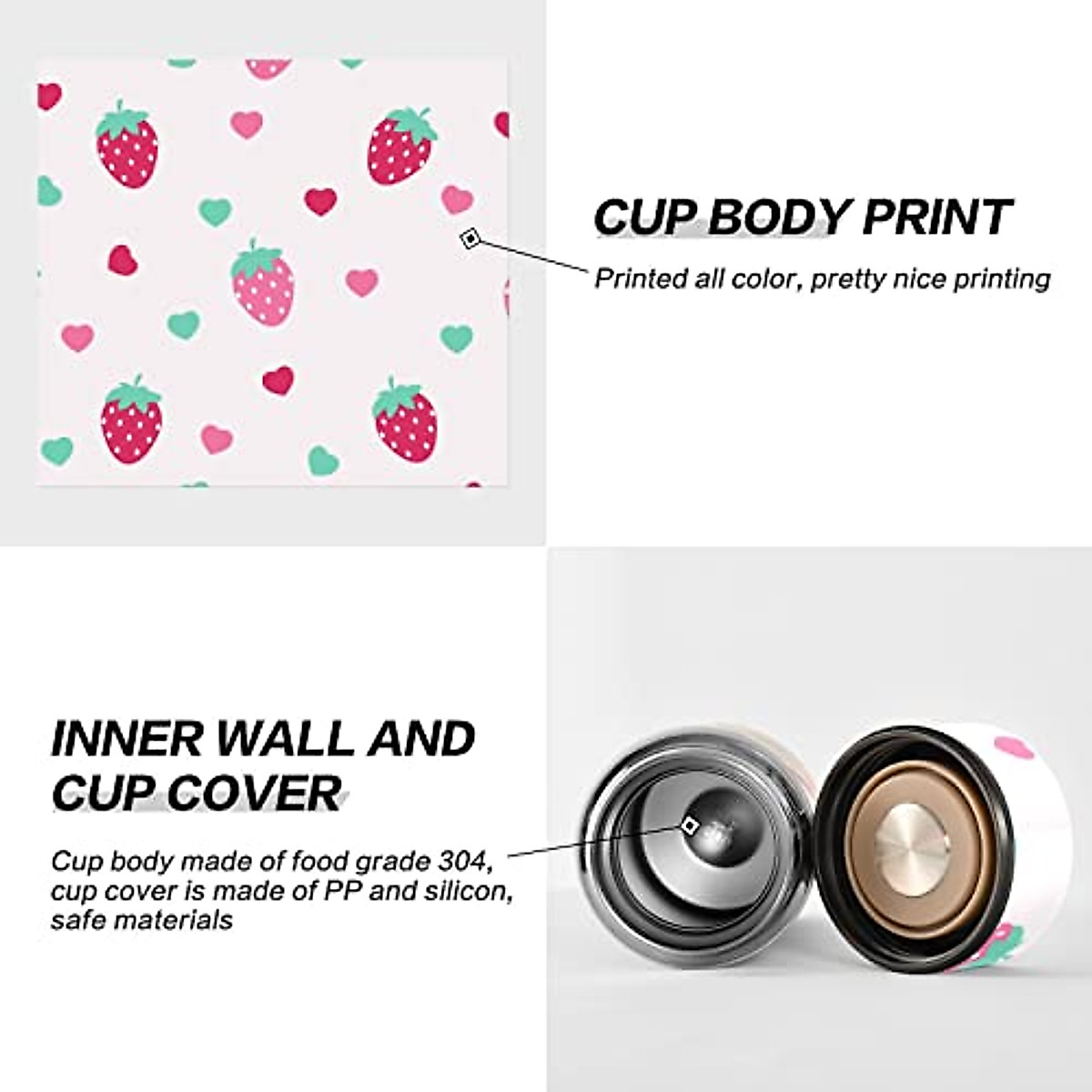 CaTaKu Cute Heart Strawberry Water Bottle Insulated 16 oz Stainless Steel Flask Thermos Bottle for Coffee Water Drink Reusable Wide Mouth Vacuum Travel Mug