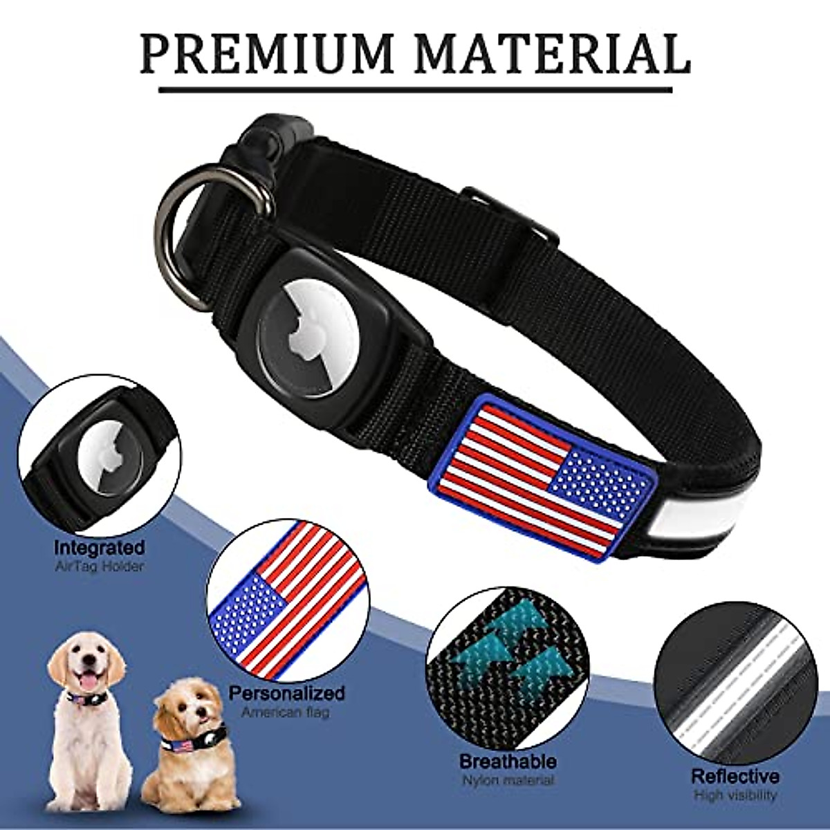Reflective AirTag Dog Collar, FEEYAR Waterproof Air Tag Dog Collar [Black], Integrated Apple AirTag Holder Dog Collars with Flag Patch, GPS Tracker Dog Collar for Small Medium Large Dogs [Size XL]