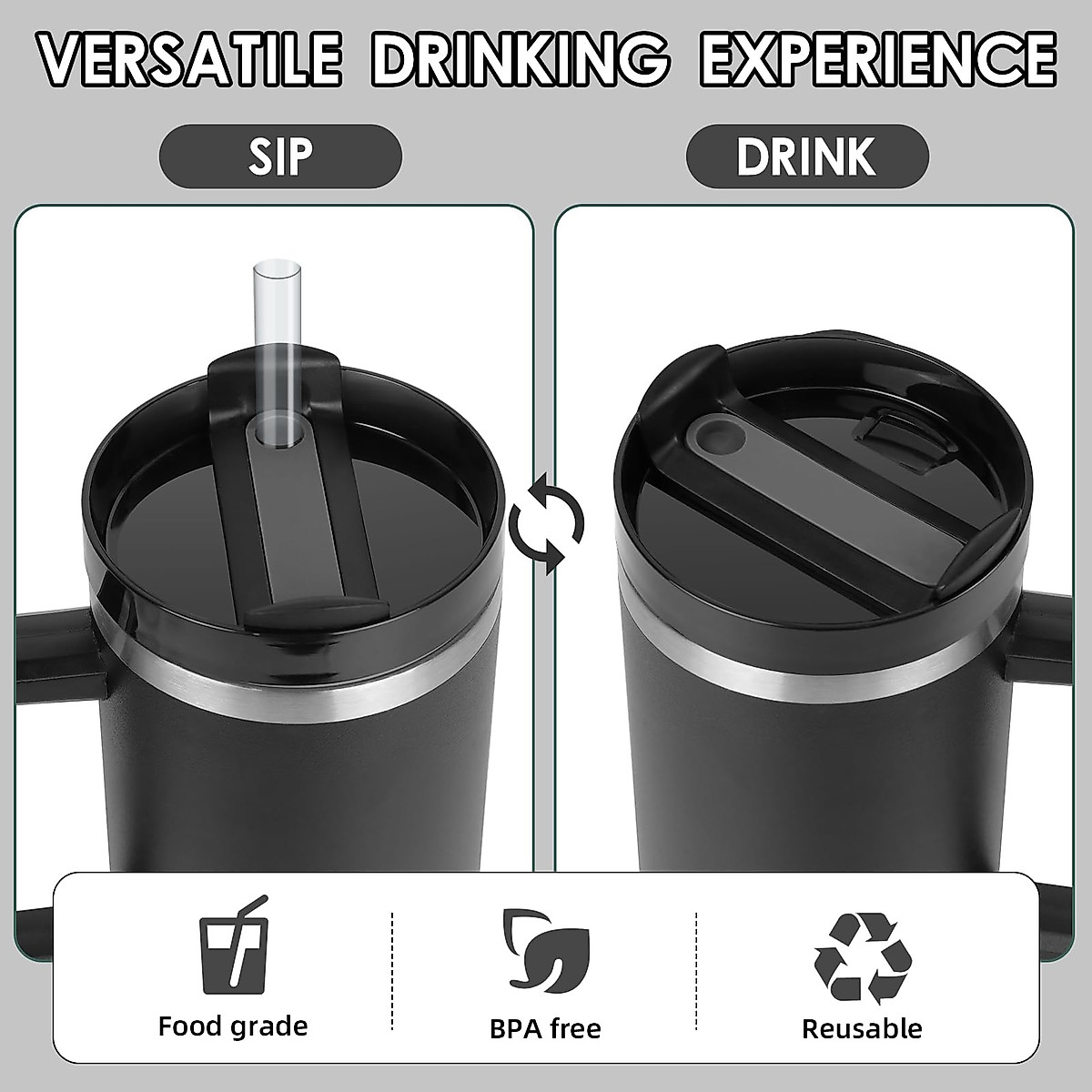 BKBY 2Pcs 40 OZ Tumbler Lid Compatible with Stanley Cup, Durablee Replacement Lids for Stanle Adventure Quencher Travel Tumbler 40 OZ, Spill-Proof Tumbler Cover (Black + Black Transparent)