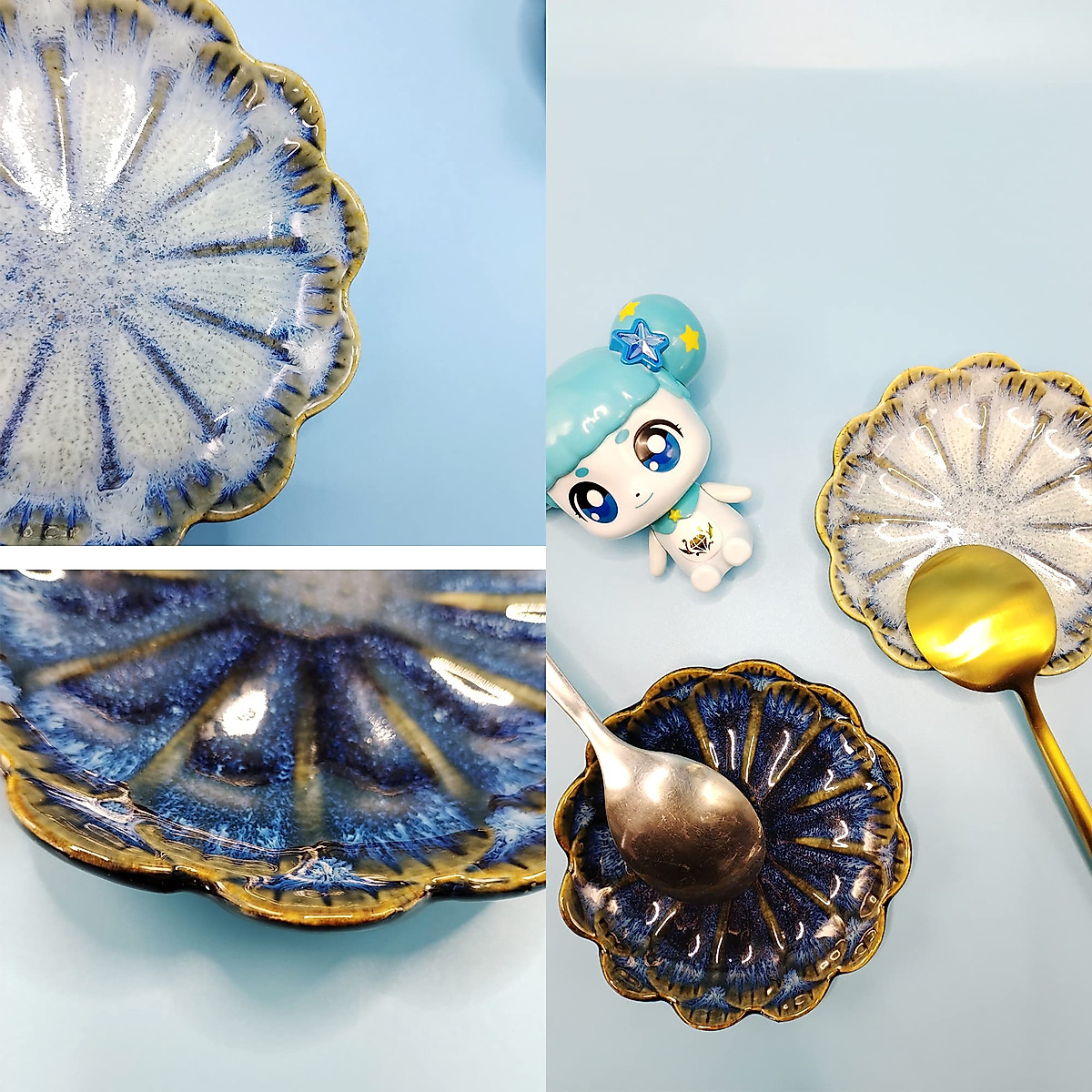 NJLJOM 2 Pack Ceramic Spoon Rest, Sunflower Shape Heat-Resistant Utensil Rest for Kitchen Counter, Coffee Spoon Rest, Dessert Plates，Small Serving Plates, Kitchen Accessories (Deep Color)