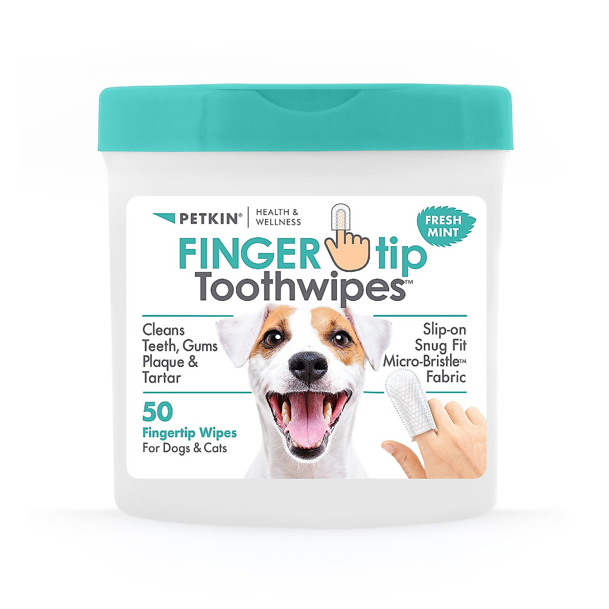 Petkin Fingertip Tooth Wipes for Dogs and Cats, 50 Finger Wipes - Slip-On, Snug Fit, Micro-Bristle Fabric - Cleans Teeth, Gums, Plaque & Tartar - Convenient, Ideal for Home and Travel - Fresh Mint