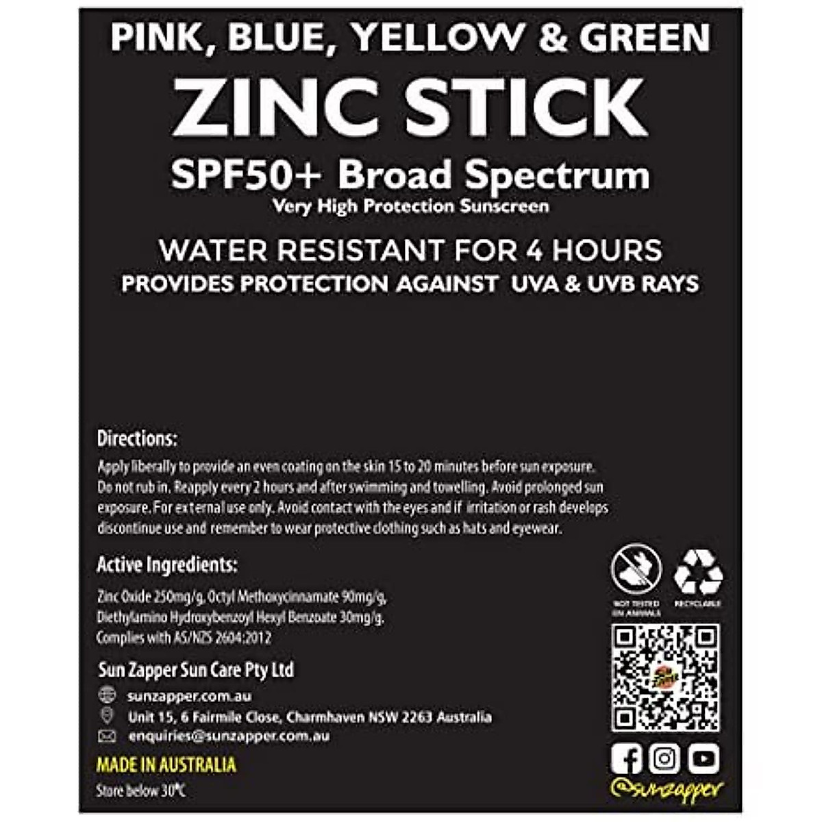 Sun Zapper Zinc Oxide Mineral Sunscreen Stick – SPF 50+ Water Resistant – 4-Pack (Pink, Blue, Green, Yellow) Rainbow Pack – For Face & Body – Made in Australia